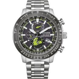 Funk-Multifunktionsuhr Citizen "Promaster Geo Trekker", silber (silberfarben), Armbanduhren, Herren, Funk-Multifunktionsuhr, Armbanduhr, Solar, Herrenuhr, Edelstahlarmband, Datum, 2. Zeitzone