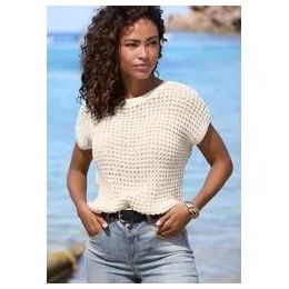 Kurzarmpullover s.Oliver, Damen, Gr. 44/46, beige (creme), Strick, Obermaterial: 100% Polyacryl, unifarben, figurumspielend h&uuml;ftlang, Rundhals, Rippstrickb&uuml;ndchen, Pullover, mit weitem Rundhalsausschnitt und sommerlich, elegantem Strick