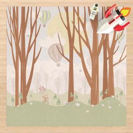 Kork-Teppich - Sonne mit B&auml;umen und Hei&szlig;luftballons - Illustration gr&uuml;n Wald Korkmatte Ballon Kinderzimmer Baby M&auml;dchen Jungen