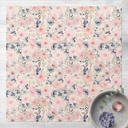 Bilderwelten Kork-Teppich Illustration rosa Aquarell - Rosa Rosen mit Blaubeeren vor Wei&szlig; - Rose Wohnzimmer Schlafzimmer