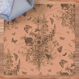 Bilderwelten Kork-Teppich Landhaus schwarz weiss Blumen Korkmatte - Schmetterlinge um Blumeninsel in Schwarz - Schmetterlinge Wohnzimmer Schlafzimmer