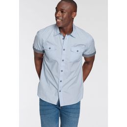MAN'S WORLD MAN'S WORLD Herren Kurzarmhemd, blau, Gr. XL, unifarben, Web, Obermaterial: 100% Baumwolle, Hemden, mit kleinem Brustprint