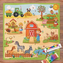 Bilderwelten Kork-Teppich Illustration bunt Korkmatte - Bauernhof - Landarbeit macht Spa&szlig; - Bauernhof Kinderzimmer Baby M&auml;dchen Jungen