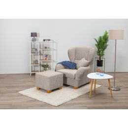 Ohrensessel Home Affaire "Oliver", grau (taupe), B:92cm H:103cm T:93cm, 100%Polyester, Sessel, Ohrensessel, Ohrensess,mit Hocker,Zierkissen,Klassische Form
