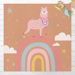 Bilderwelten Kork-Teppich Illustration bunt Tiere Korkmatte - Lama auf Regenbogen mit Sternen und P&uuml;nktchen - Regenbogen Kinderzimmer Baby M&auml;dchen Jungen