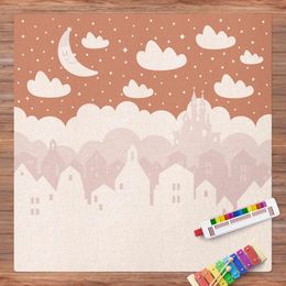 Bilderwelten Kork-Teppich Illustration rosa Korkmatte - Sternenhimmel mit H&auml;usern und Mond in rosa - Deko Kinderzimmer Baby M&auml;dchen Jungen
