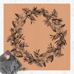 Bilderwelten Kork-Teppich Illustration grau Aquarell - Romantischer Bl&uuml;tenkranz Grau - Deko Wohnzimmer Schlafzimmer