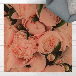 Bilderwelten Kork-Teppich Landhaus rosa Blumen Korkmatte - Rosa Pfingstrosen mit Bl&auml;ttern - Rose Wohnzimmer Schlafzimmer