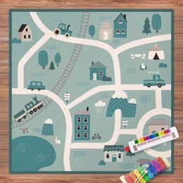 Bilderwelten Kork-Teppich Illustration blau Korkmatte - Dorf - Klein aber fein - Auto Kinderzimmer Baby M&auml;dchen Jungen
