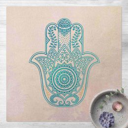 Bilderwelten Kork-Teppich Orientalisch blau Spirituell Korkmatte - Hamsa Hand Illustration Mandala gold blau - Ornamente Wohnzimmer Schlafzimmer