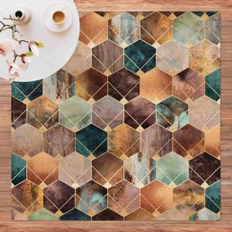 Bilderwelten Kork-Teppich Abstrakt gold originell Aquarell - T&uuml;rkise Geometrie goldenes Art Deco - Geometrisch Wohnzimmer Schlafzimmer