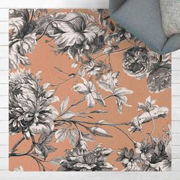 Bilderwelten Kork-Teppich Vintage schwarz weiss Blumen Korkmatte - Floraler Kupferstich Geflecht Schwarz Wei&szlig; - Retro Wohnzimmer Schlafzimmer