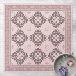 Bilderwelten Kork-Teppich Illustration beige Fliesenoptik - Florale Fliesen Warmgraue Knospen mit Bord&uuml;re - Geometrisch Wohnzimmer Schlafzimmer