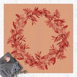 Bilderwelten Kork-Teppich Illustration rot Aquarell - Romantischer Bl&uuml;tenkranz Rot - Deko Wohnzimmer Schlafzimmer