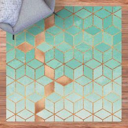 Bilderwelten Kork-Teppich Abstrakt t&uuml;rkis originell Aquarell - T&uuml;rkis Wei&szlig; goldene Geometrie - Geometrisch Wohnzimmer Schlafzimmer