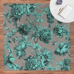 Bilderwelten Kork-Teppich Vintage t&uuml;rkis Blumen Korkmatte - Floraler Kupferstich T&uuml;rkisgrau - Retro Wohnzimmer Schlafzimmer