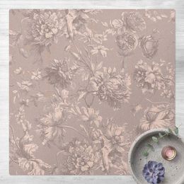 Bilderwelten Kork-Teppich Vintage grau Blumen Korkmatte - Floraler Kupferstich Sandgrau - Retro Wohnzimmer Schlafzimmer
