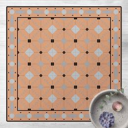 Bilderwelten Kork-Teppich modern grau Fliesenoptik - Geometrische Fliesen Ikat Blau mit Bord&uuml;re - Geometrisch Wohnzimmer Schlafzimmer