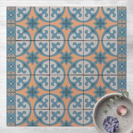 Bilderwelten Kork-Teppich Illustration blau Fliesenoptik - Geometrischer Fliesenmix Kreise Blaugrau - Deko Wohnzimmer Schlafzimmer