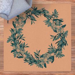 Bilderwelten Kork-Teppich Illustration blau Aquarell - Romantischer Bl&uuml;tenkranz Meeresblau - Deko Wohnzimmer Schlafzimmer