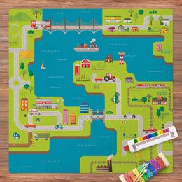 Bilderwelten Kork-Teppich Illustration bunt Korkmatte - Stra&szlig;en - Stadt Land Fluss - Auto Kinderzimmer Baby M&auml;dchen Jungen