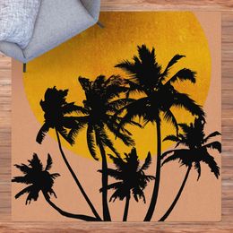 Bilderwelten Kork-Teppich Tropisch gold Natur Korkmatte - Palmen vor goldener Sonne - Sonnenuntergang Wohnzimmer Schlafzimmer