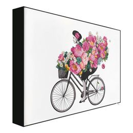 Akustik-Wechselbild Illustration Frau auf Fahrrad Collage bunte Blumen