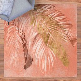 Bilderwelten Kork-Teppich Tropisch rosa originell Korkmatte - Palmenbl&auml;tter Rosa und Gold II - Deko Wohnzimmer Schlafzimmer