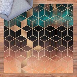 Bilderwelten Kork-Teppich Abstrakt t&uuml;rkis originell Aquarell - T&uuml;rkis Ros&eacute; goldene Geometrie - Geometrisch Wohnzimmer Schlafzimmer