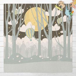 Bilderwelten Kork-Teppich Illustration blau Fahrzeuge Korkmatte - Mond mit B&auml;umen und H&auml;usern - Ballon Kinderzimmer Baby M&auml;dchen Jungen