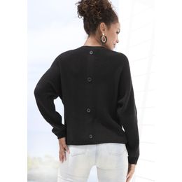Rundhalspullover Lascana, Damen, Gr. 32/34, schwarz, Strick, Obermaterial: 50% Viskose, 28% Polyester, 22% Polyamid, unifarben, figurumspielend h&uuml;ftlang, Rundhals, Fledermaus&auml;rmel, Pullover Rundhalspullover, mit Zierkn&ouml;pfen hinten, lockerer Strickpullover