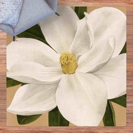 Bilderwelten Kork-Teppich modern weiss Blumen Korkmatte - Magnolie auf Gold II - Deko Wohnzimmer Schlafzimmer
