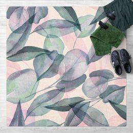 Bilderwelten Kork-Teppich Illustration pastell Aquarell - Blaue und Rosane Eukalyptus Aquarellbl&auml;tter - Deko Wohnzimmer Schlafzimmer