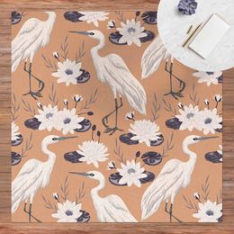 Bilderwelten Kork-Teppich Illustration grau Tiere Korkmatte - Chinoiserie Silberreiher zwischen Seerosen - V&ouml;gel Wohnzimmer Schlafzimmer