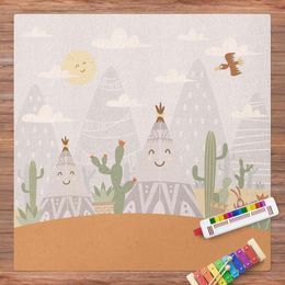 Bilderwelten Kork-Teppich Illustration t&uuml;rkis Korkmatte - Indianerzelt mit Kakteen - Indianer Kinderzimmer Baby M&auml;dchen Jungen
