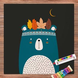 Bilderwelten Kork-Teppich Illustration petrol Tiere Korkmatte - Indianerb&auml;r bei Nacht - B&auml;r Kinderzimmer Baby M&auml;dchen Jungen