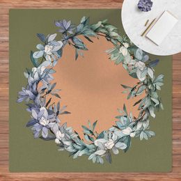 Bilderwelten Kork-Teppich Illustration blau Aquarell - Romantischer Bl&uuml;tenkranz Mint - Deko Wohnzimmer Schlafzimmer