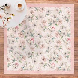 Bilderwelten Kork-Teppich Illustration weiss Aquarell - Aquarell Apfelbl&uuml;ten und Knospen mit Rahmen - Deko Wohnzimmer Schlafzimmer