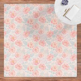 Bilderwelten Kork-Teppich Illustration pastell Aquarell - Rosa Blumen mit Hellblauen Bl&auml;ttern - Rose Wohnzimmer Schlafzimmer