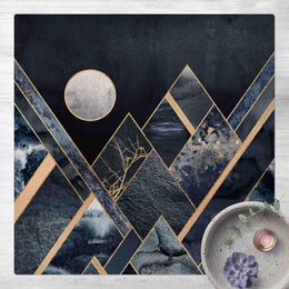 Bilderwelten Kork-Teppich Abstrakt blau originell Aquarell - Goldener Mond abstrakte schwarze Berge - Deko Wohnzimmer Schlafzimmer