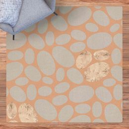 Bilderwelten Kork-Teppich Abstrakt blau Korkmatte - Goldene und Hellblaue Ovale - Punkte Wohnzimmer Schlafzimmer