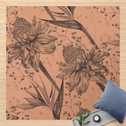 Bilderwelten Kork-Teppich Vintage blau Blumen Korkmatte - Florale Eleganz Vintagebeeren - Retro Wohnzimmer Schlafzimmer