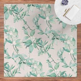 Bilderwelten Kork-Teppich Illustration t&uuml;rkis Aquarell - Romantisches Bl&uuml;tenaquarell Natur Mint - Deko Wohnzimmer Schlafzimmer