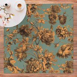 Bilderwelten Kork-Teppich Vintage gr&uuml;n Blumen Korkmatte - Floraler Kupferstich Goldblau - Retro Wohnzimmer Schlafzimmer