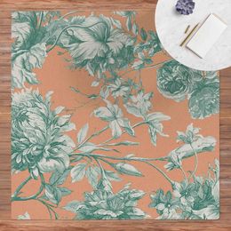 Bilderwelten Kork-Teppich Vintage t&uuml;rkis Blumen Korkmatte - Floraler Kupferstich Geflecht T&uuml;rkis - Retro Wohnzimmer Schlafzimmer