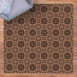 Bilderwelten Kork-Teppich Illustration schwarz weiss Fliesenoptik - Florale Fliesen schwarz-wei&szlig; - Deko Wohnzimmer Schlafzimmer
