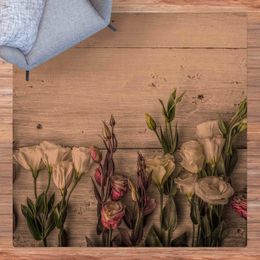 Bilderwelten Kork-Teppich Shabby grau Blumen Holzoptik - Tulpen-Rose Shabby Holzoptik - Deko Wohnzimmer Schlafzimmer