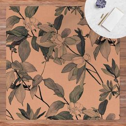 Bilderwelten Kork-Teppich Illustration blau Aquarell - Romantisches Bl&uuml;tenaquarell Blaugrau - Deko Wohnzimmer Schlafzimmer