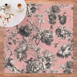 Bilderwelten Kork-Teppich Vintage rosa Blumen Korkmatte - Floraler Kupferstich Graurosa - Retro Wohnzimmer Schlafzimmer