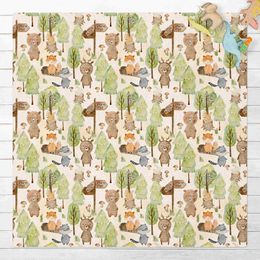 Bilderwelten Kork-Teppich Illustration gr&uuml;n Aquarell - Fuchs und B&auml;r mit B&auml;umen - Deko Kinderzimmer Baby M&auml;dchen Jungen